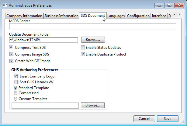 Special Functions > Preferences > SDS Document Tab
